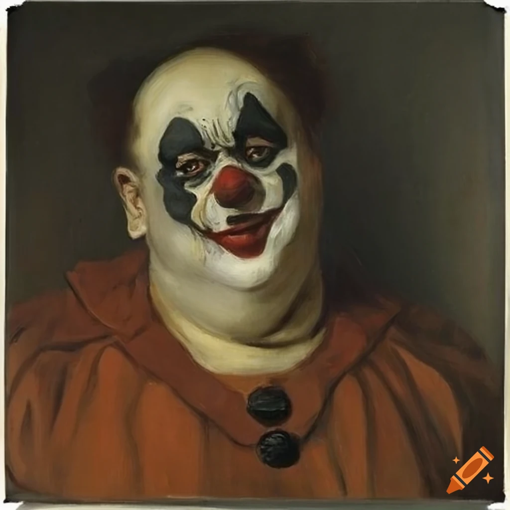 Frank duveneck dark paintings clown fat body standing on Craiyon