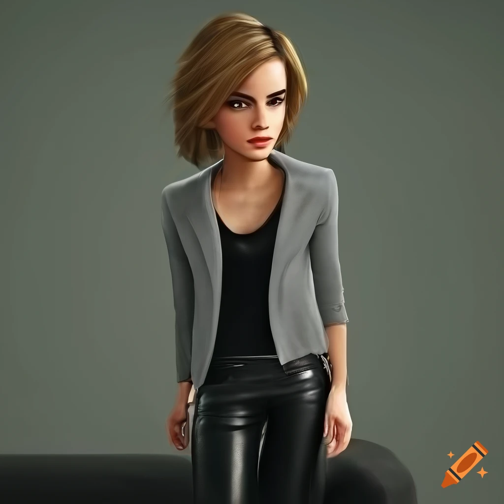 Photorealistic, emma watson, blonde hair, slim, grey tshirt, black ...