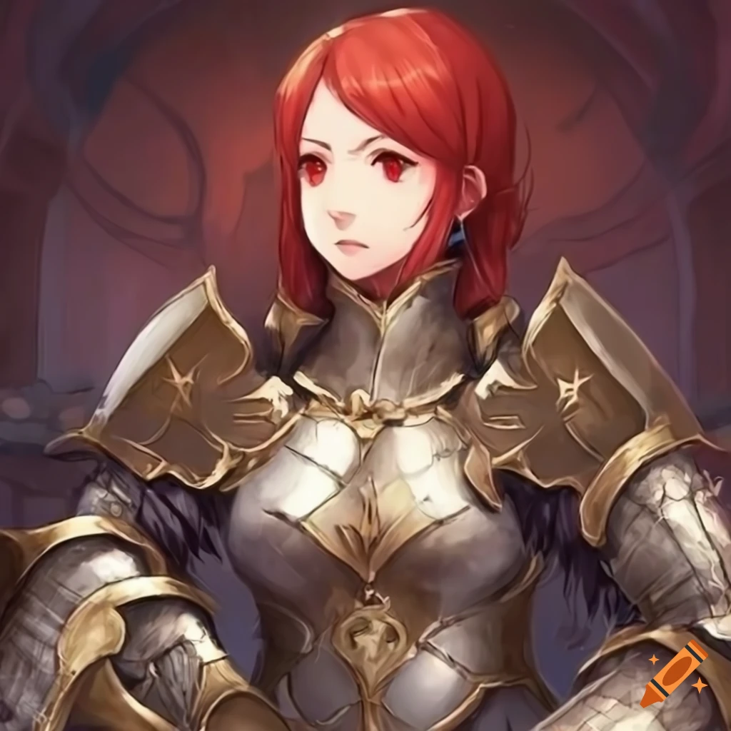 Beautiful female knight in a Coliseum, red hair, red eyes, cute, pretty ...