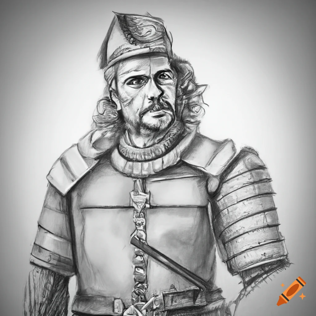 Medieval guard captain. pencil-drawn. black and white. white background