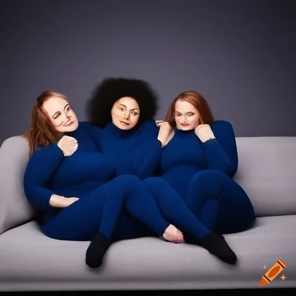 Three curvy women best friends cuddle in navy blue turtlenecks over ...