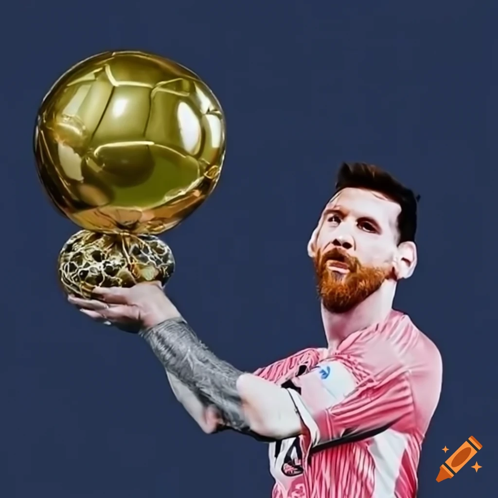 Messi in inter miami kit holding ballon dor on Craiyon