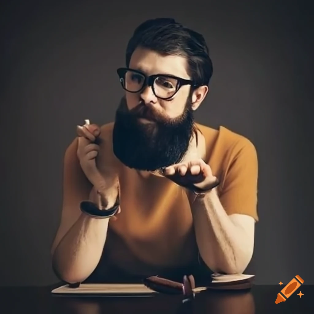 Make a picture of beard guy who write poetry with a cup of tea on Craiyon