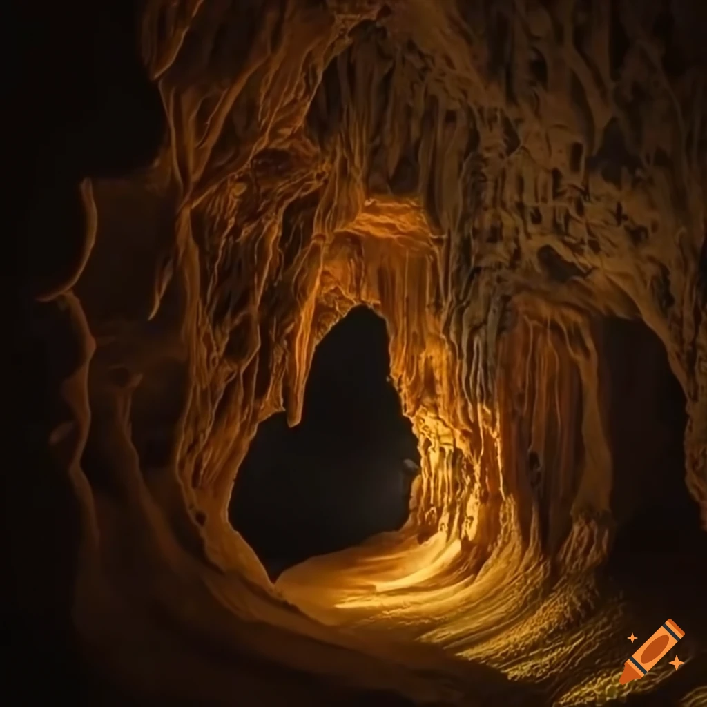 A dimly lit underground cavern with intricate rock formations on Craiyon