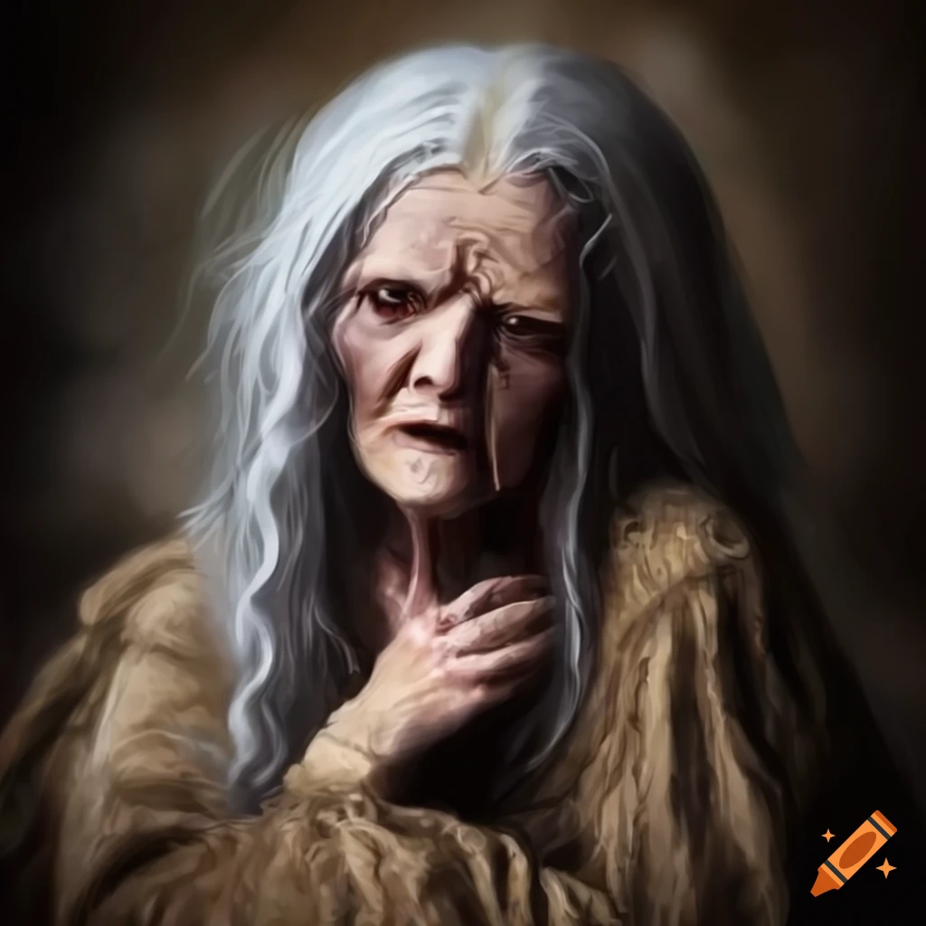 Very female, old, ugly, hag, with woodland castle in background