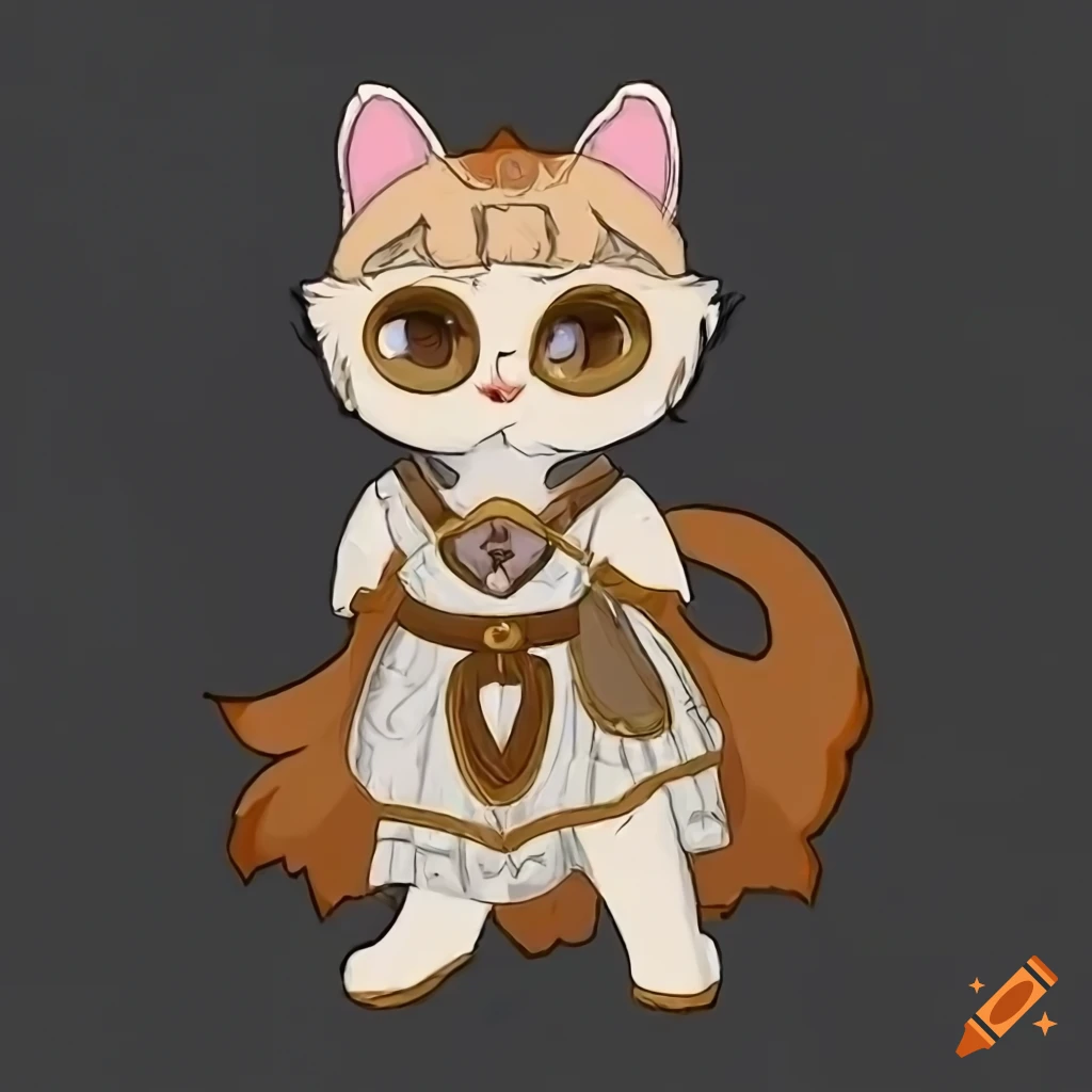 A cream colored cat with brown eyes wearing a priestess outfit. The cat ...