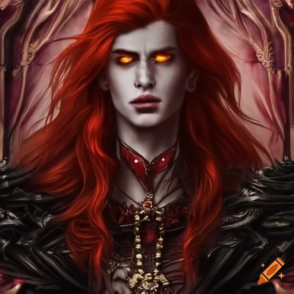 Vampire male with long red hair on the throne on Craiyon