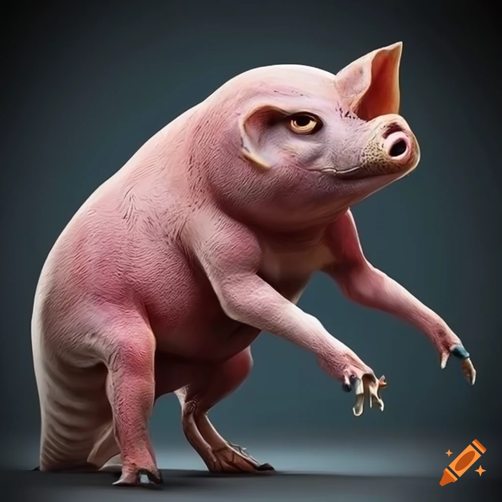 A whimsical creature with the body of a dinosaur and head of a pig on ...