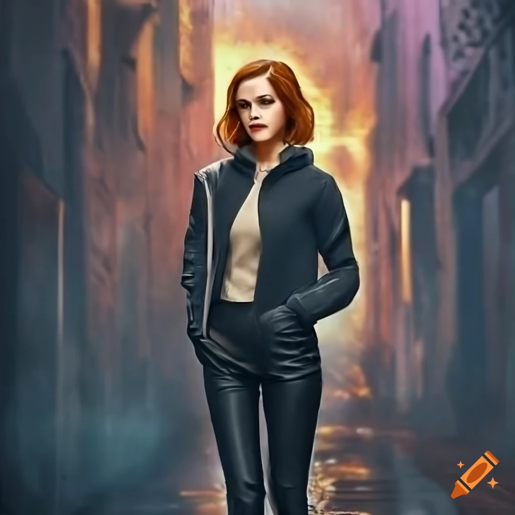 Photorealistic, emma watson, ginger hair, slim, zip front sweatshirt ...