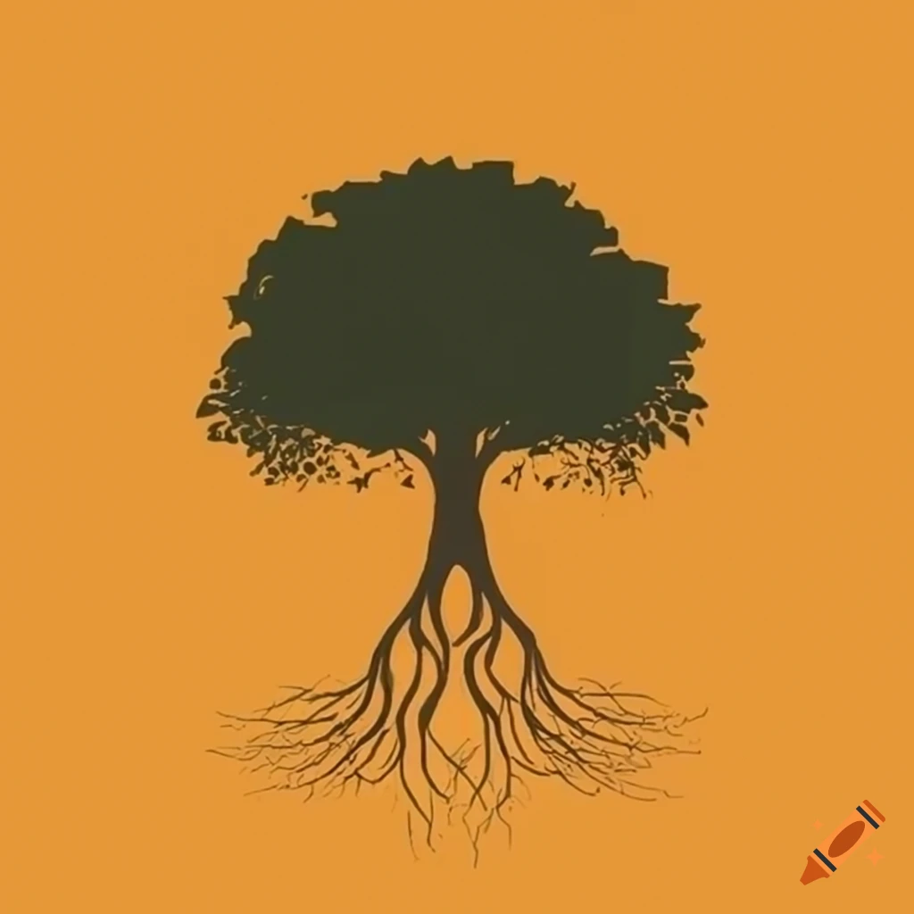 Minimalist logo of a tree with a pivot roots, one color on Craiyon