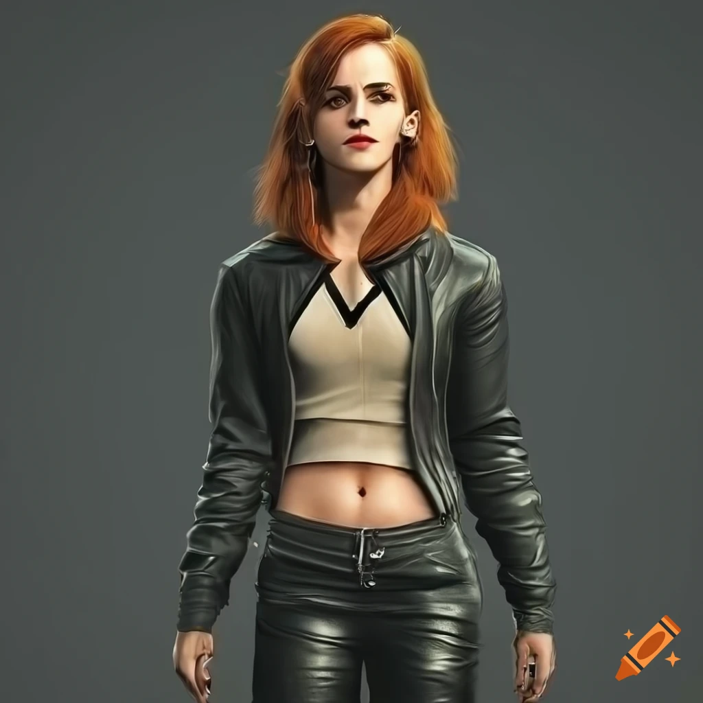 Photorealistic, emma watson, ginger hair, slim, punk style, zip front ...