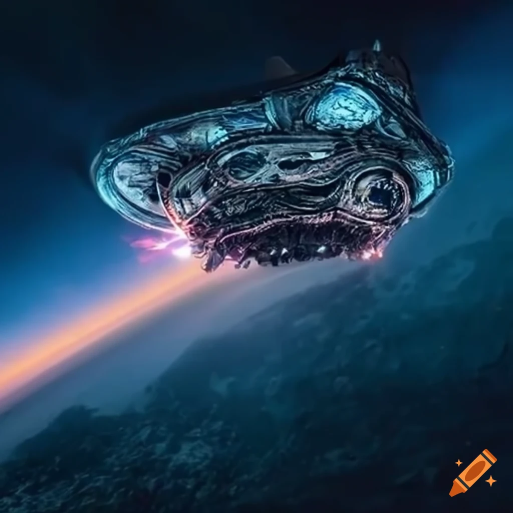 Scifi spaceship landing on a world full of alien life on Craiyon