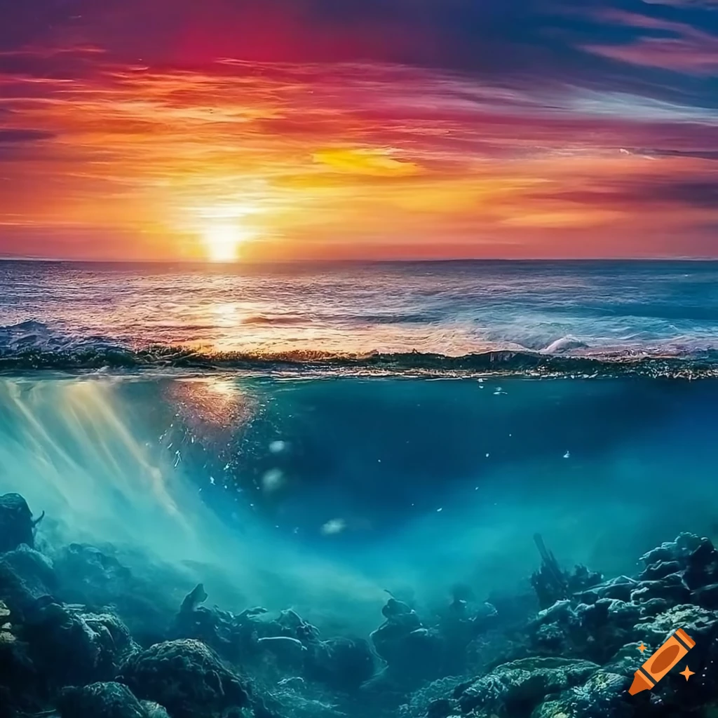 A beautiful underwater sunset, surreal art by greg rutkowski on Craiyon