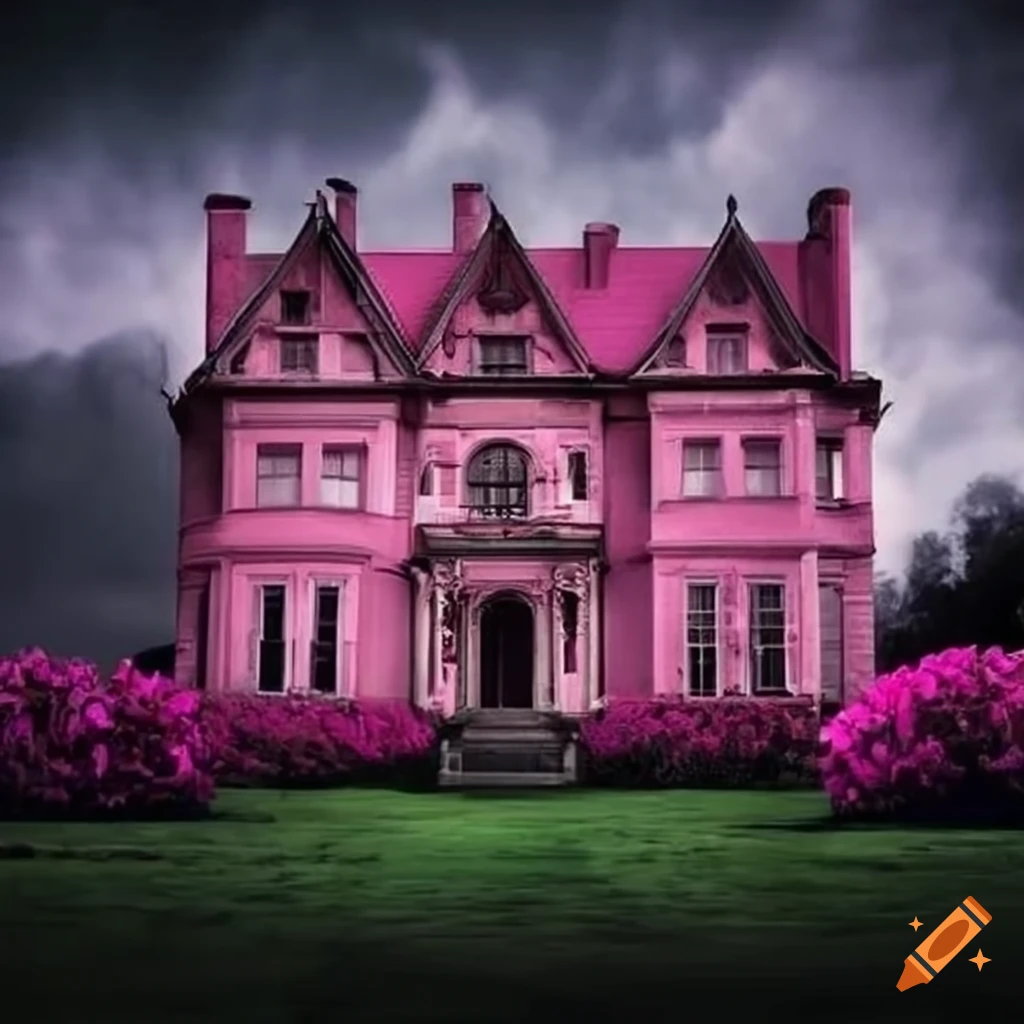 Grey and pink mysterious mansion with flowers on Craiyon