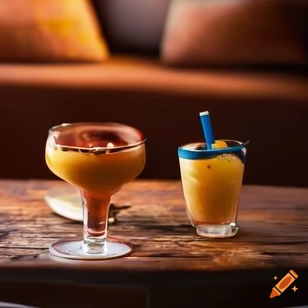 Cocktail on a coffee table with a couch in the background. cozy ...