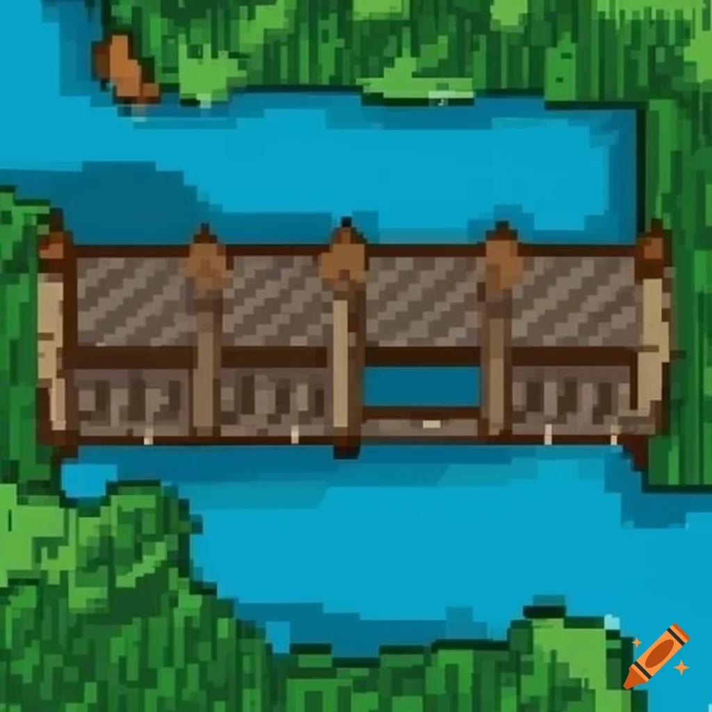 Pixel art: medieval bridge on a river top-down view on Craiyon
