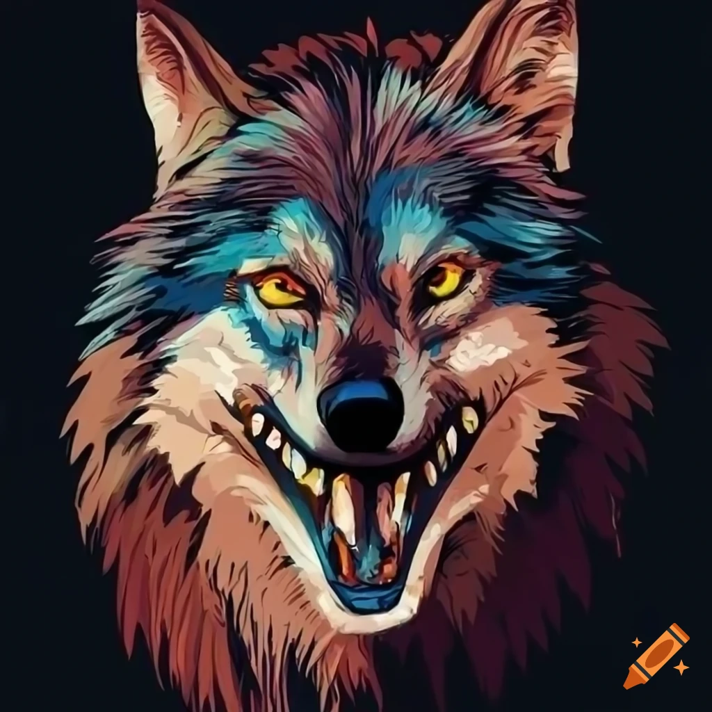 Monochrome sketch of a fierce wolf with intense yellow eyes on Craiyon