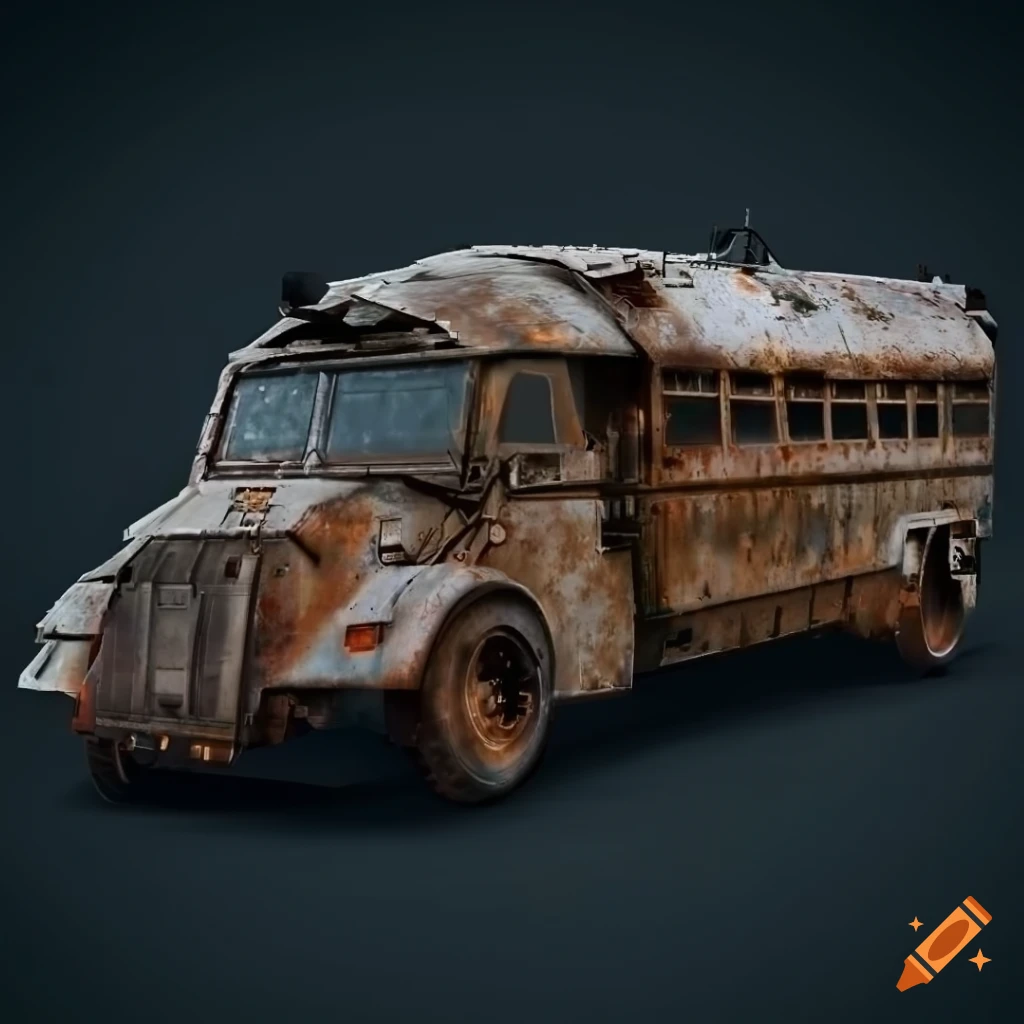 Armored schoolbus bus, armor plates, rusted, battlecar madmax ...