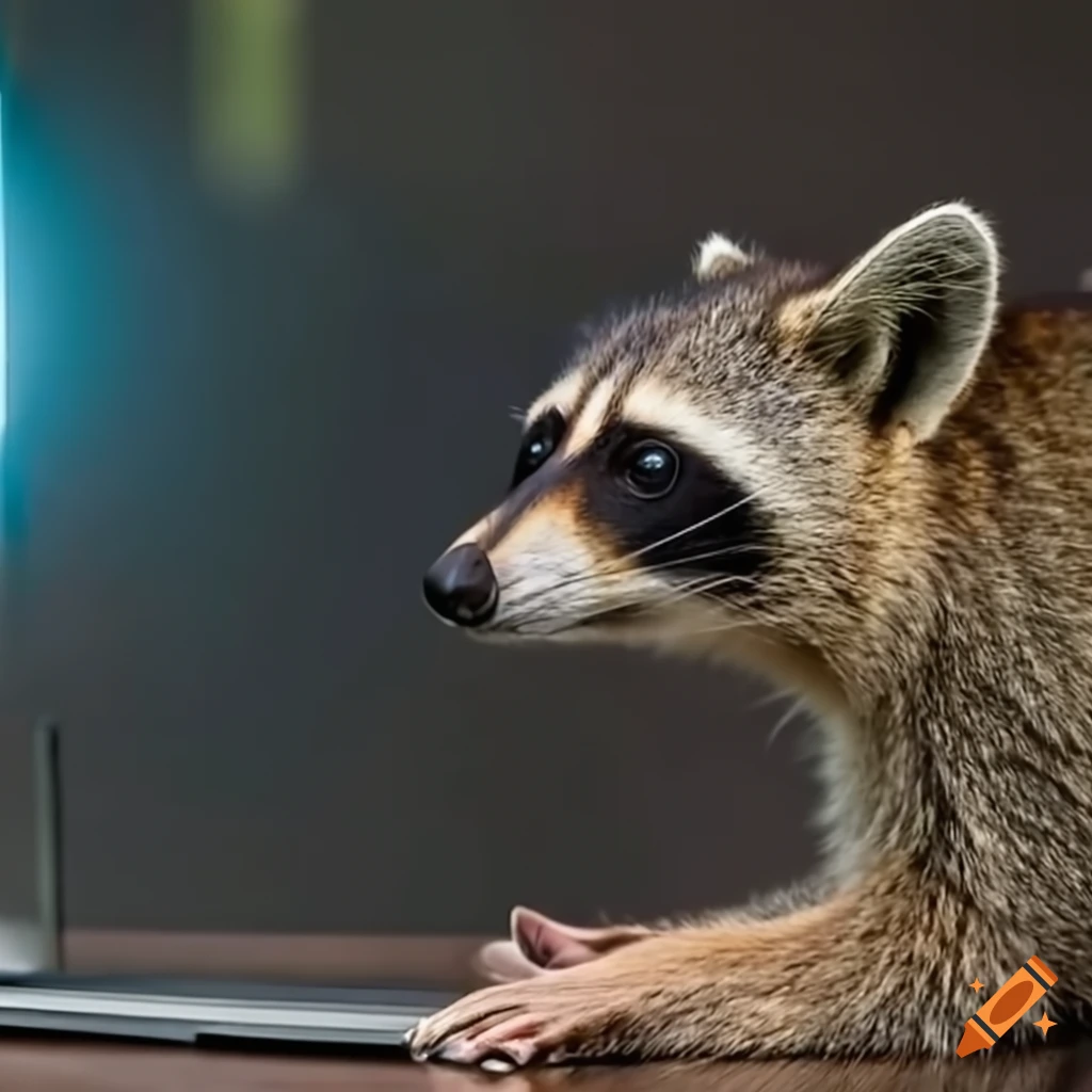 Raccoon wearing glasses looking at a computer screen on Craiyon