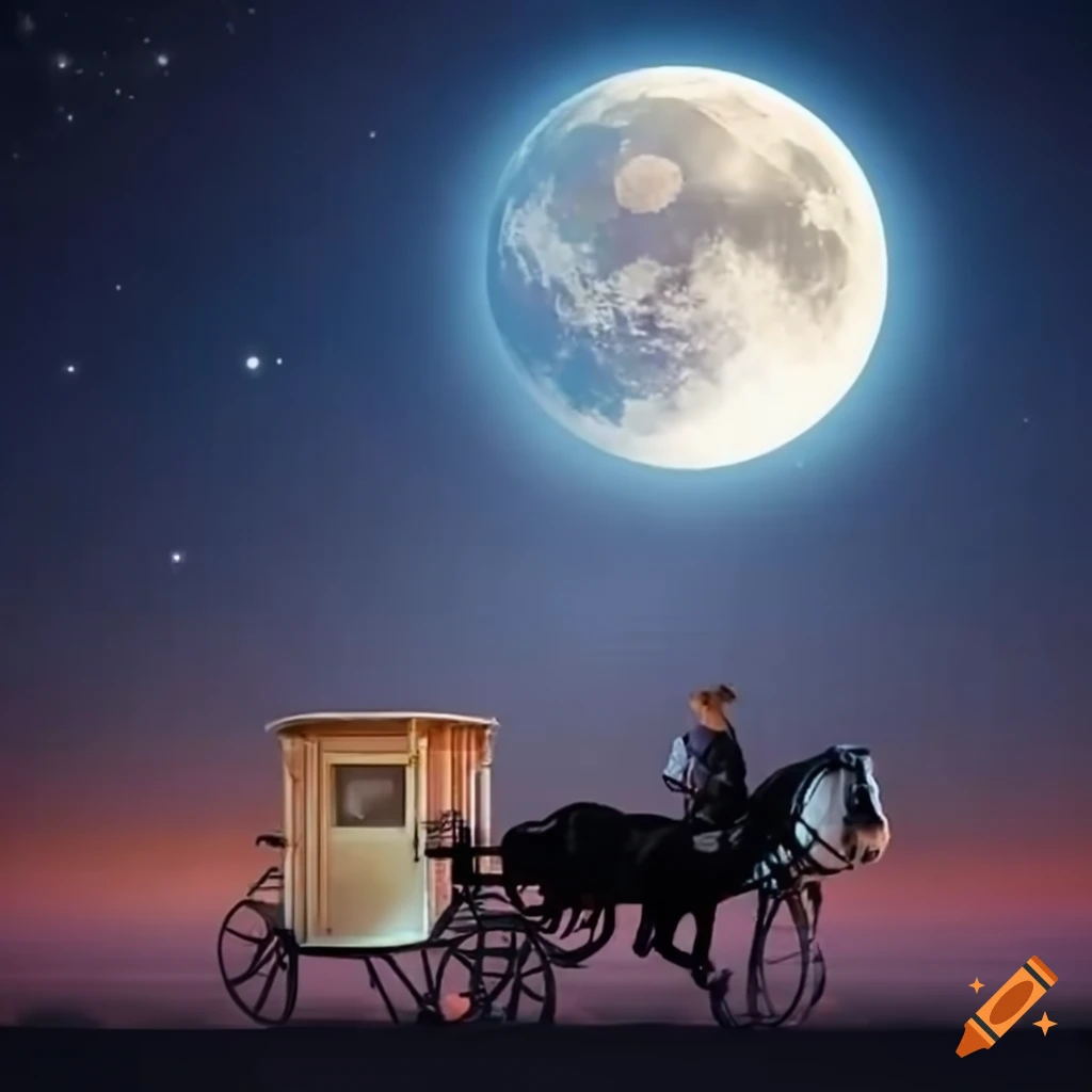 Amish family riding a horse drawn carriage in space orbiting the moon ...