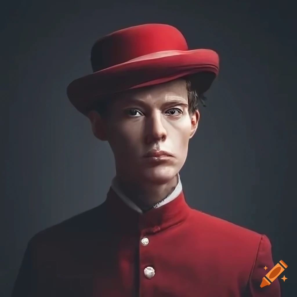 Forward-facing portrait hyper-realistic youger-man wears-a-dark-red ...