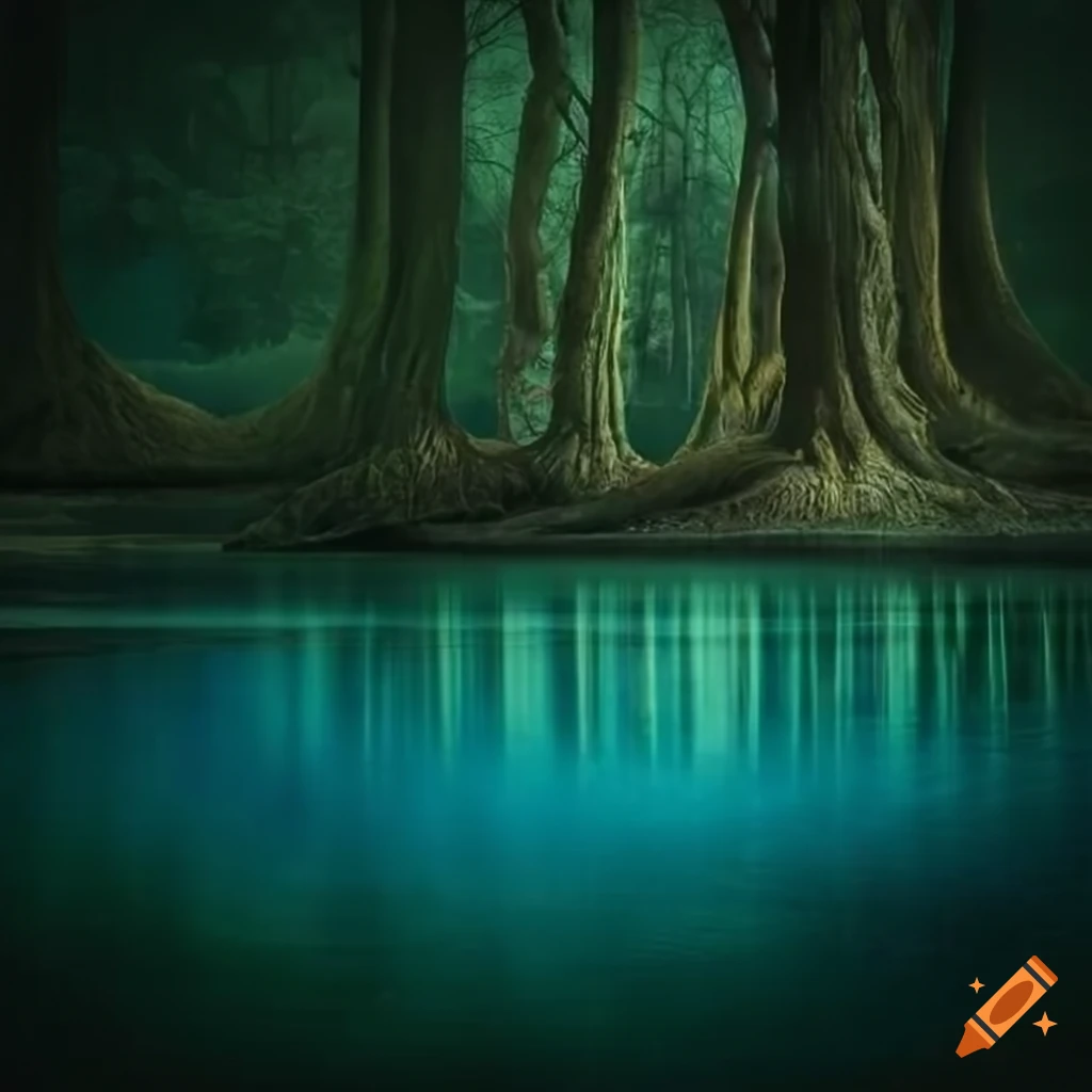 Create a photo of a large enchanted lake in front of an enchanted ...