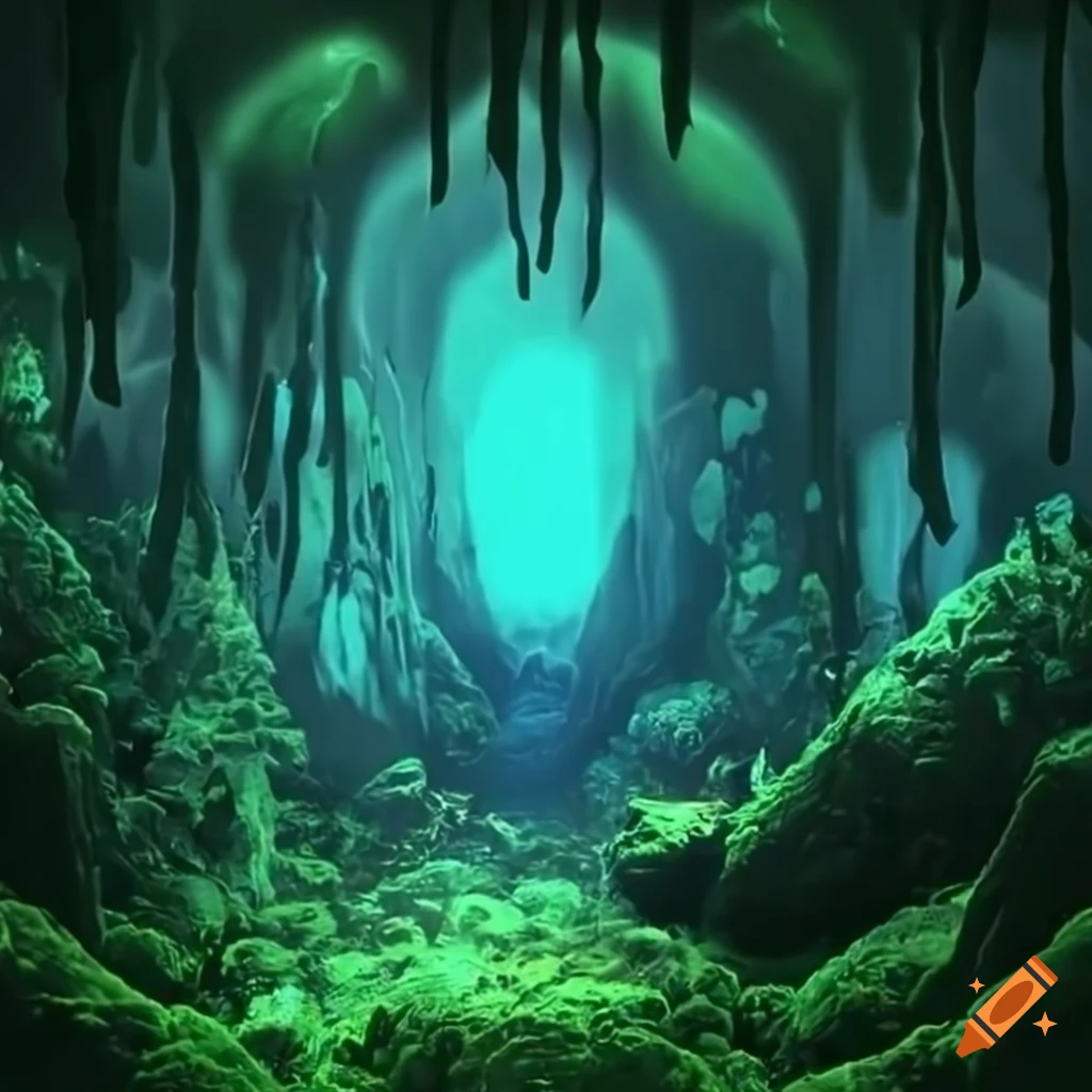 Deep jungle cave glowing dripping leaves