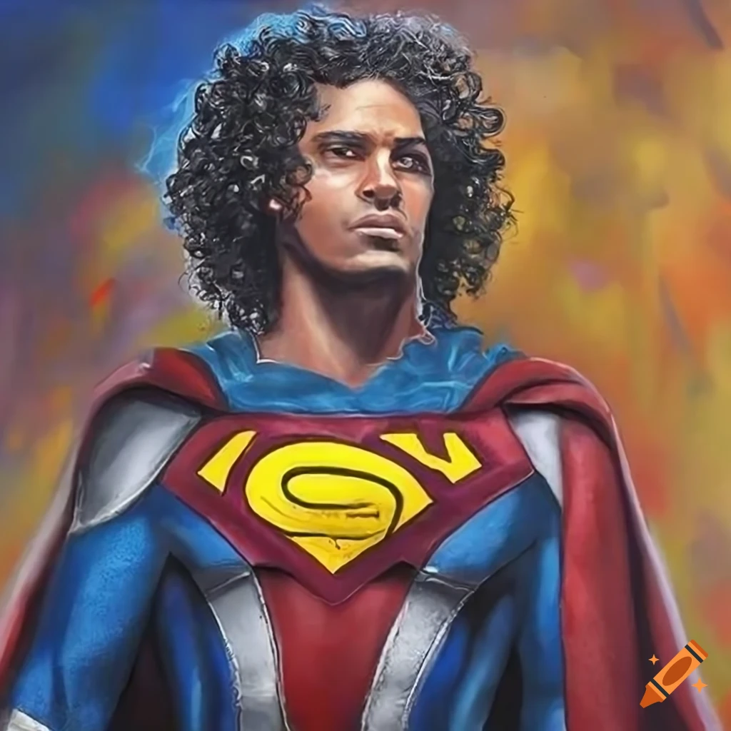 Mixed marvel superhero with curly hair and Uruguayan flag, male on Craiyon