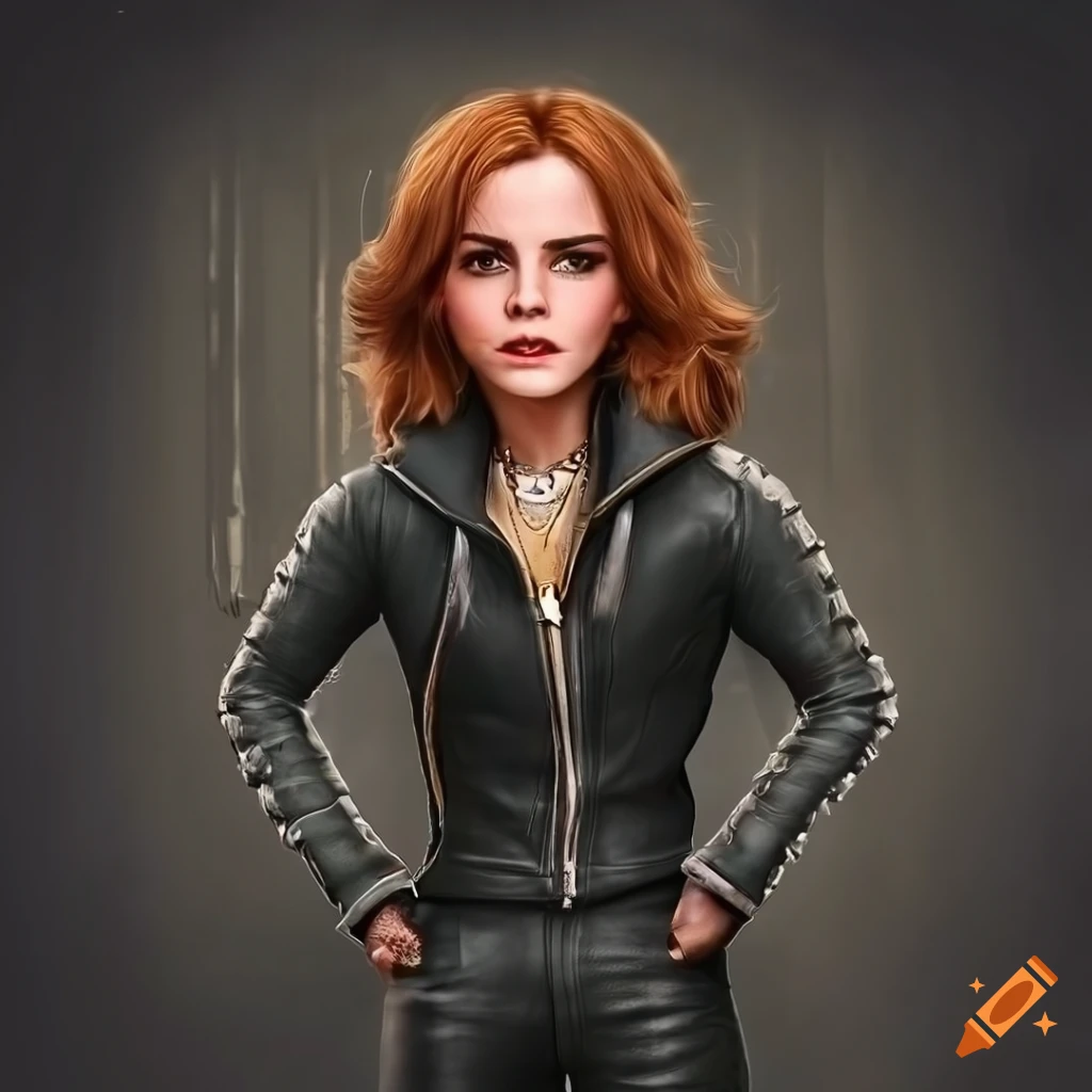 Photorealistic, emma watson, ginger hair, slim, punk style, zip front ...