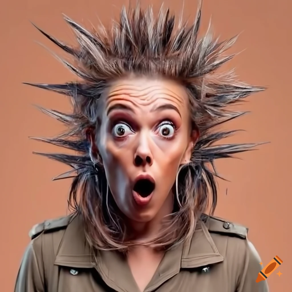 Astonished surprised shocked woman with spiked brown hair wearing pale ...