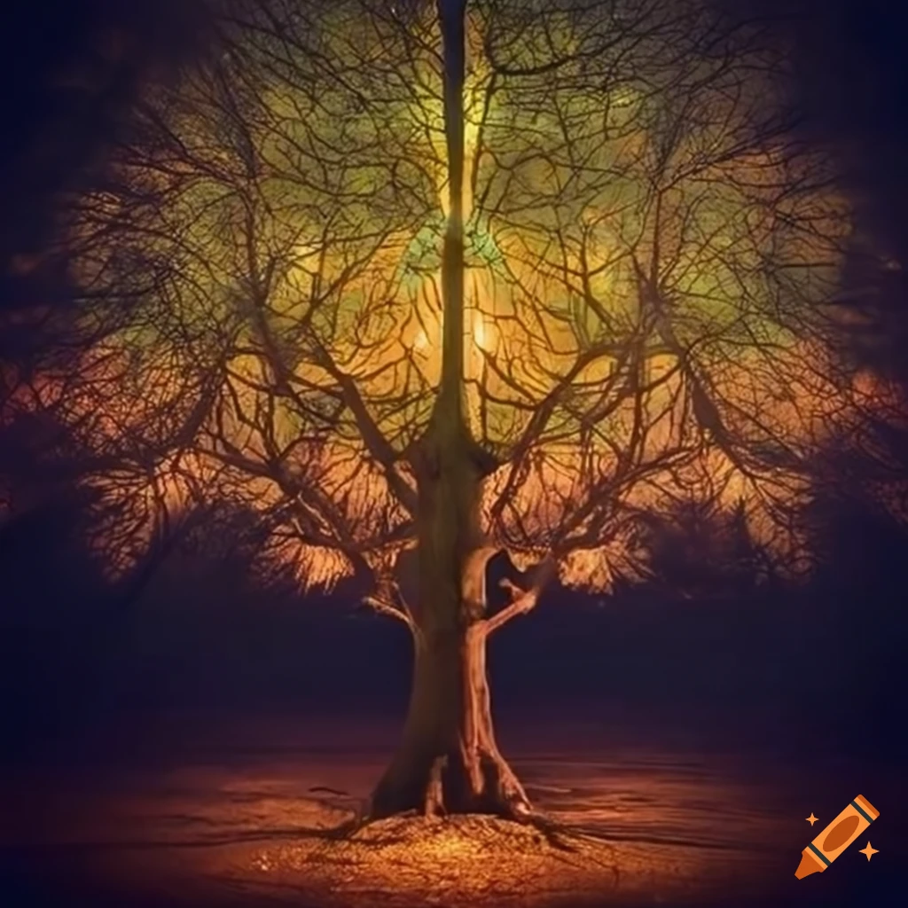 Illuminated tree with distinction between leaves, branches and trunk on ...