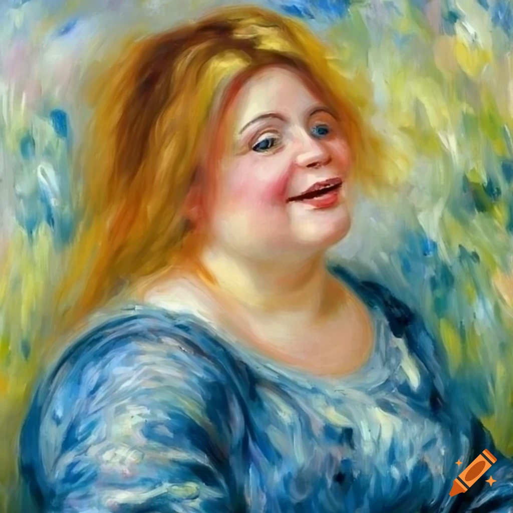 Happy fat blond woman in renoir style oil painting