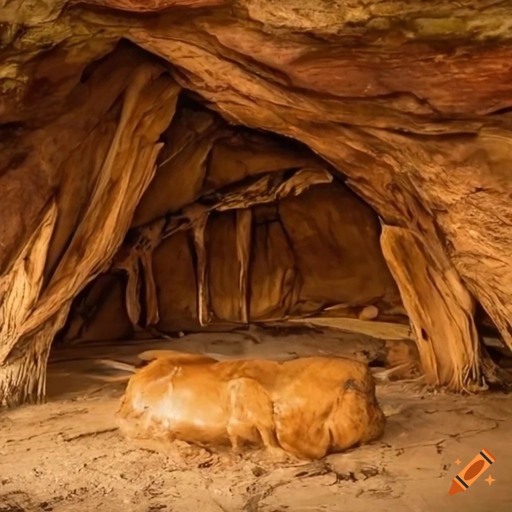 A wide but shallow rock shelter. with prehistoric buffalo hide tents ...