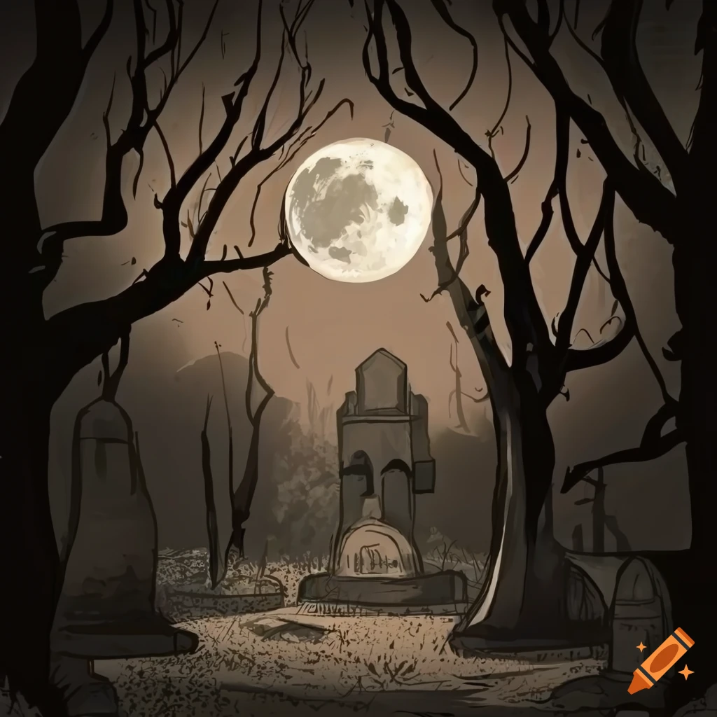 Cemetery. black background. full moon. sketch style. leaves and bushes ...