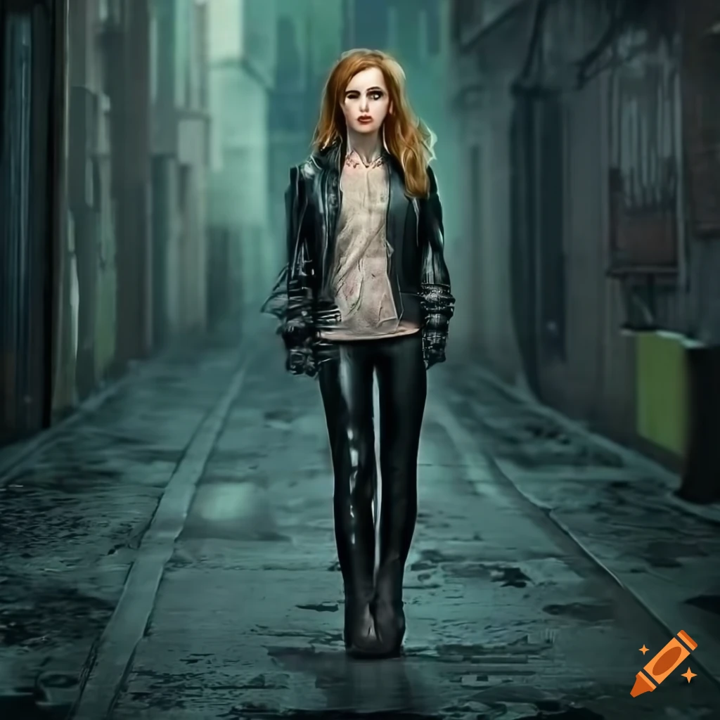Photorealistic, emma watson, ginger hair, slim, punk style, zip front ...