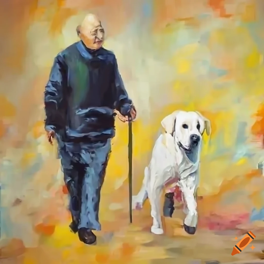 Elderly bald asian man with a cane walking a white labrador retriever