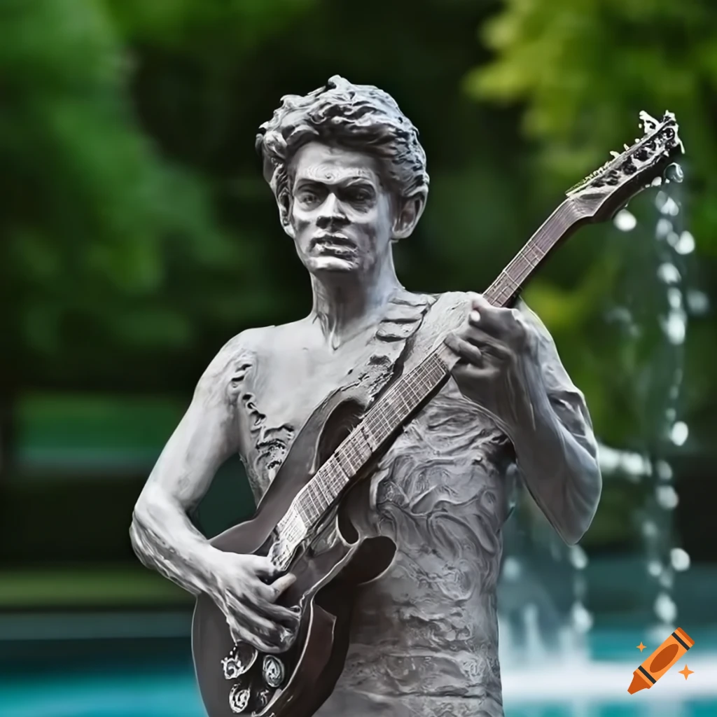 Photo realistic guitarist ’john mayer’ statue in a fountain