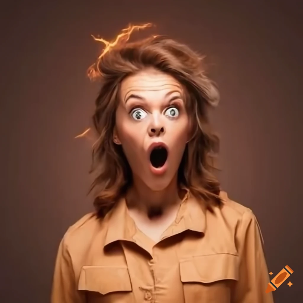 Astonished surprised shocked woman with spiky brown hair wearing pale ...