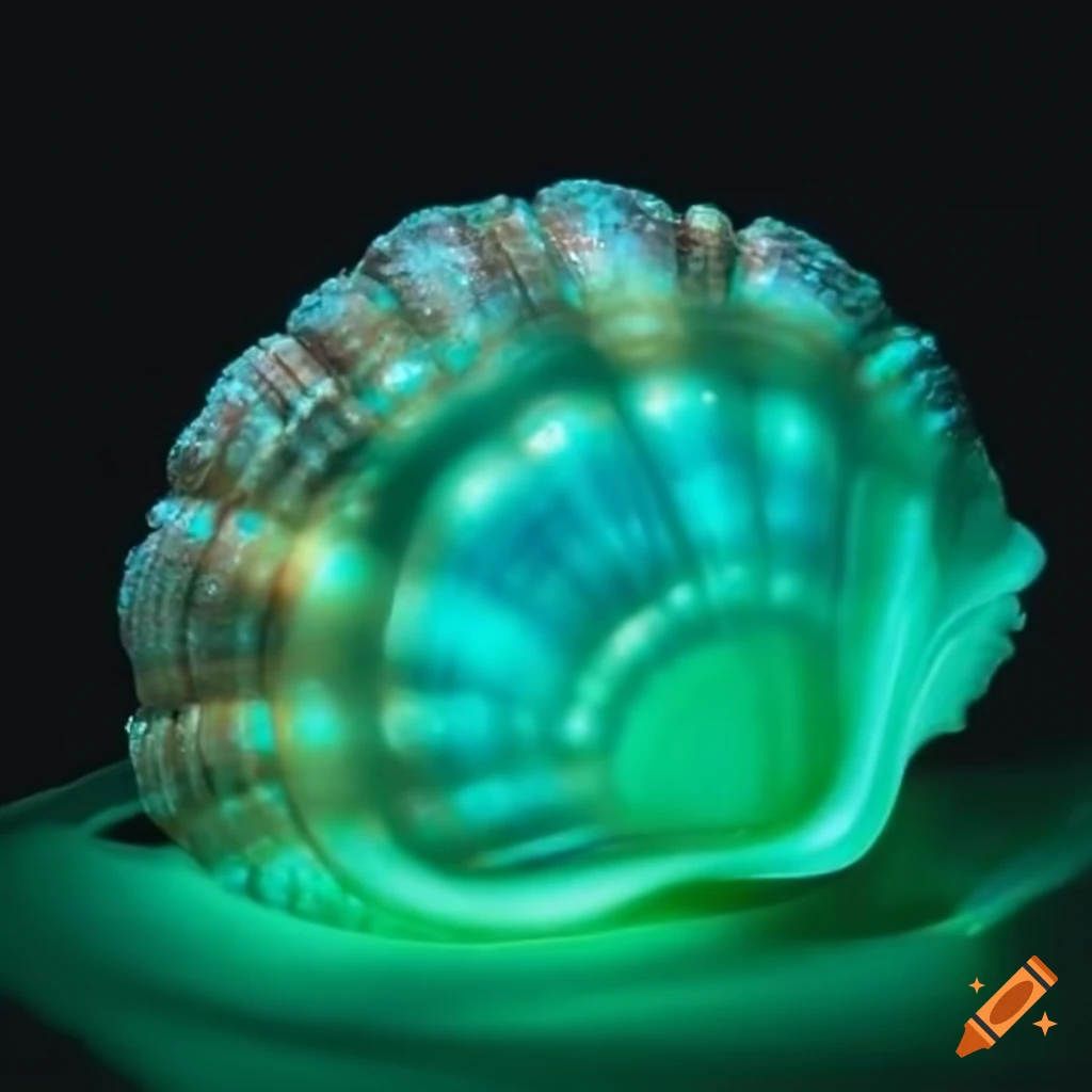 An exquisite pearl shimmering inside a glowing emerald seashell on Craiyon