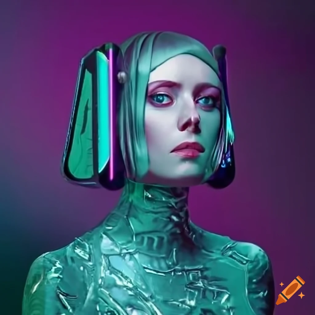 Sci-fi metallic android that looks like róisín murphy standing in ...