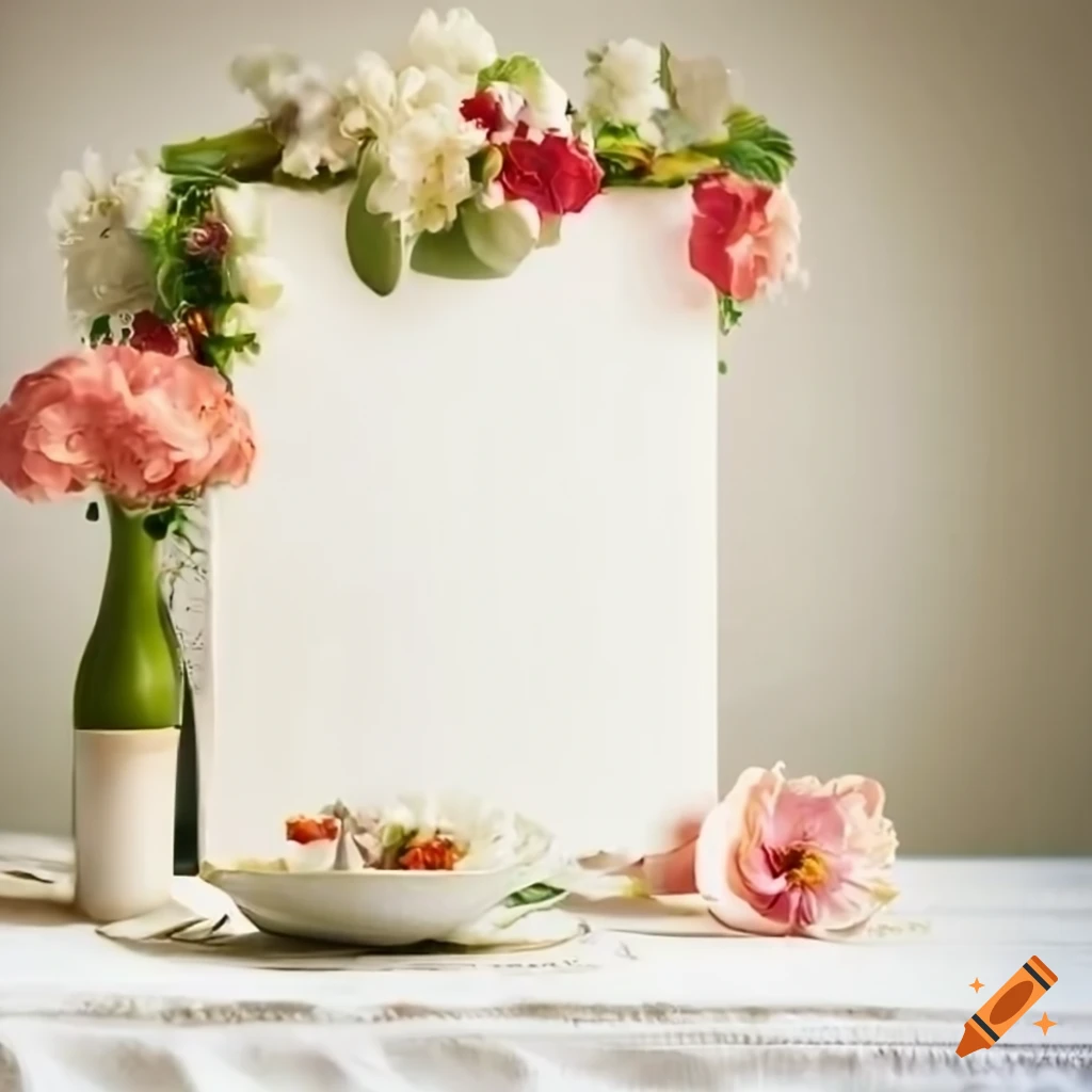 Menu card on a decorated table with white tablecloths and flowers on ...