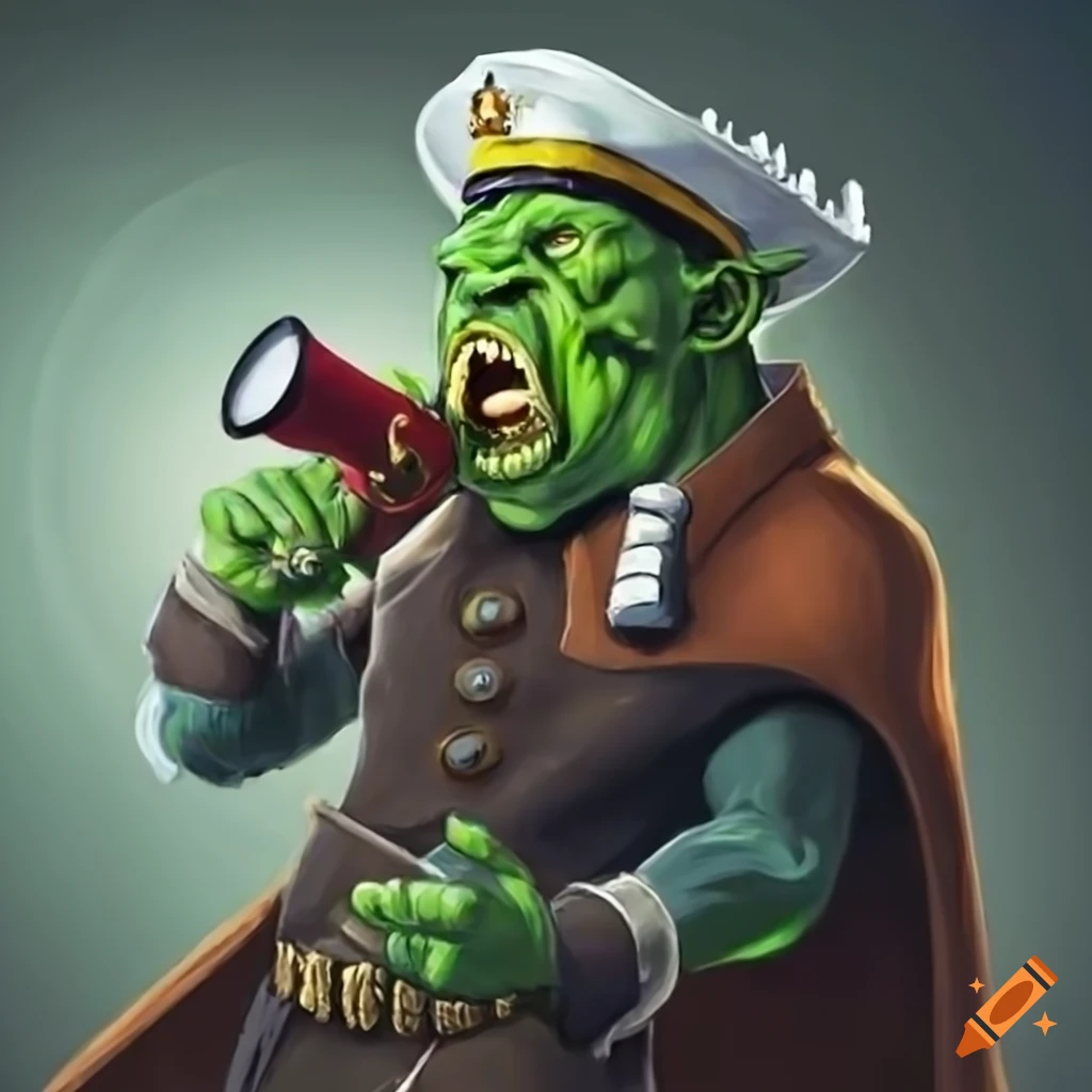 A orc in an admiral hat yelling into a megaphone on Craiyon