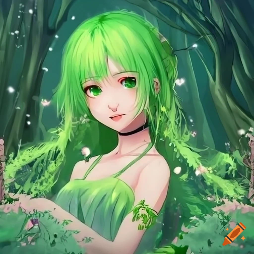 Anime girl with vibrant lime green hair in enchanted forest