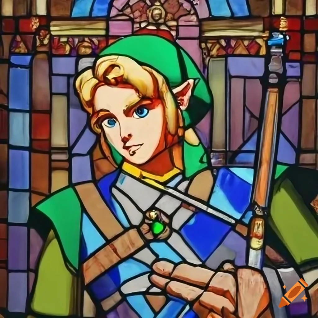 Stained glass window featuring portrait of link standing with the ...