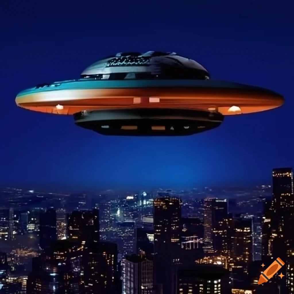 A highly detailed ufo hovering above the city at night