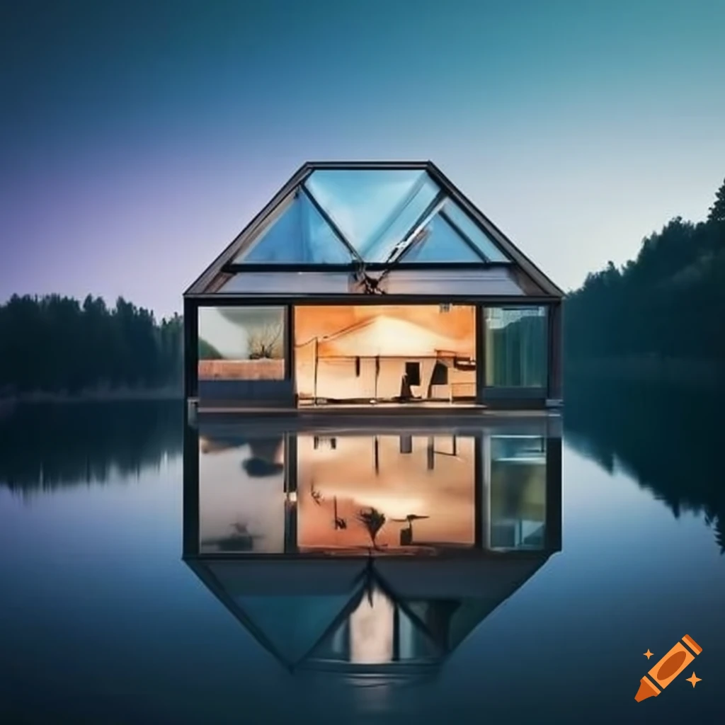 Pitched roof glass house in front of a river