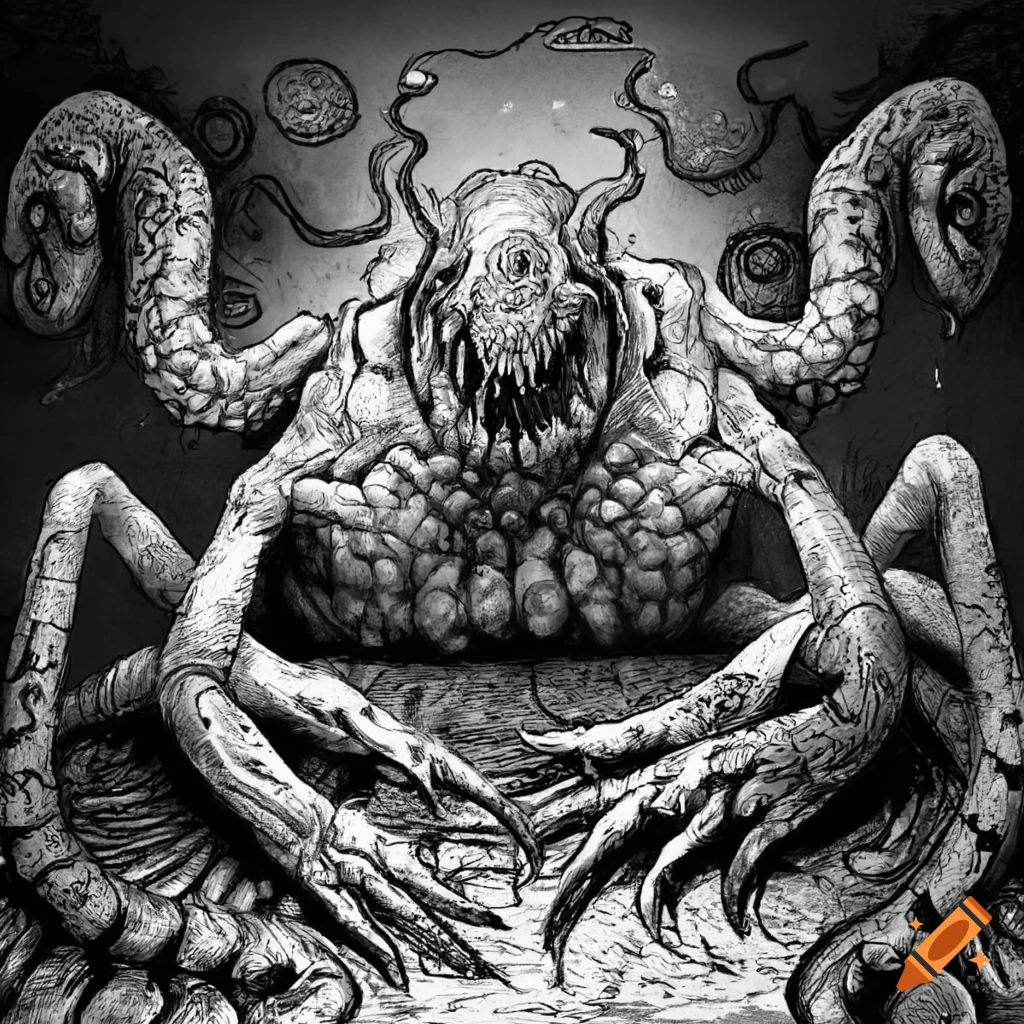 Ancient scribbles resembling a Lovecraftian monster, black and white on ...