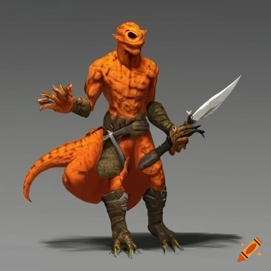 Orange Human-Lizard warrior with scales, wielding a dagger wearing a ...