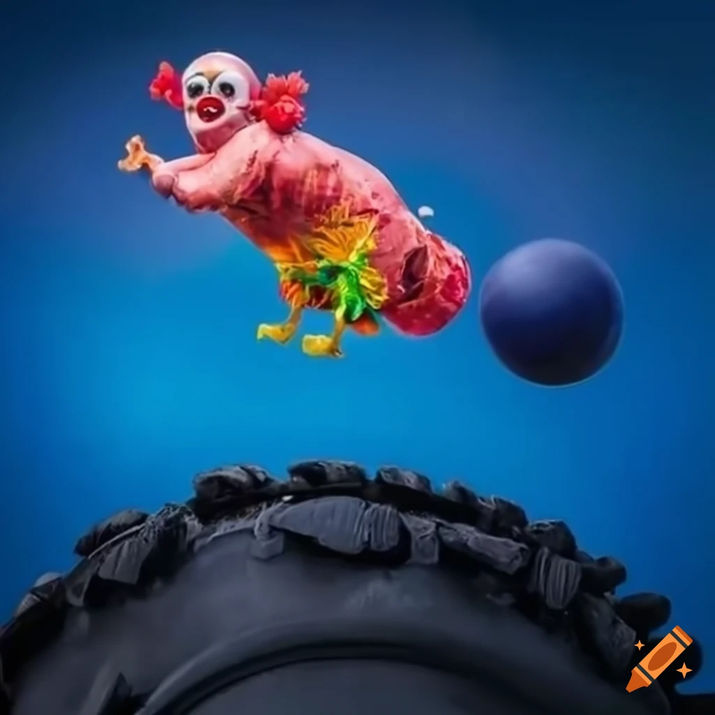 Clown made of ham flying a plane made of jelly over piles of blue ...
