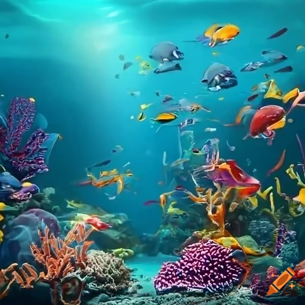 AI creates an underwater scene with sea creatures like fish, dolphins ...